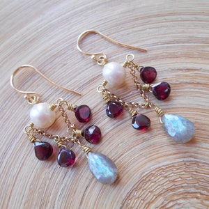 Merlot Gemstone Chandelier Earrings Gray White Deep Red Dangle Blue ...