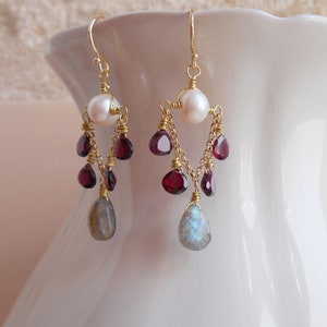 Merlot Gemstone Chandelier Earrings Gray White Deep Red Dangle Blue ...