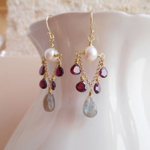 Merlot Gemstone Chandelier Earrings Gray White Deep Red Dangle Blue ...