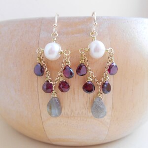 Merlot Gemstone Chandelier Earrings Gray White Deep Red Dangle Blue ...