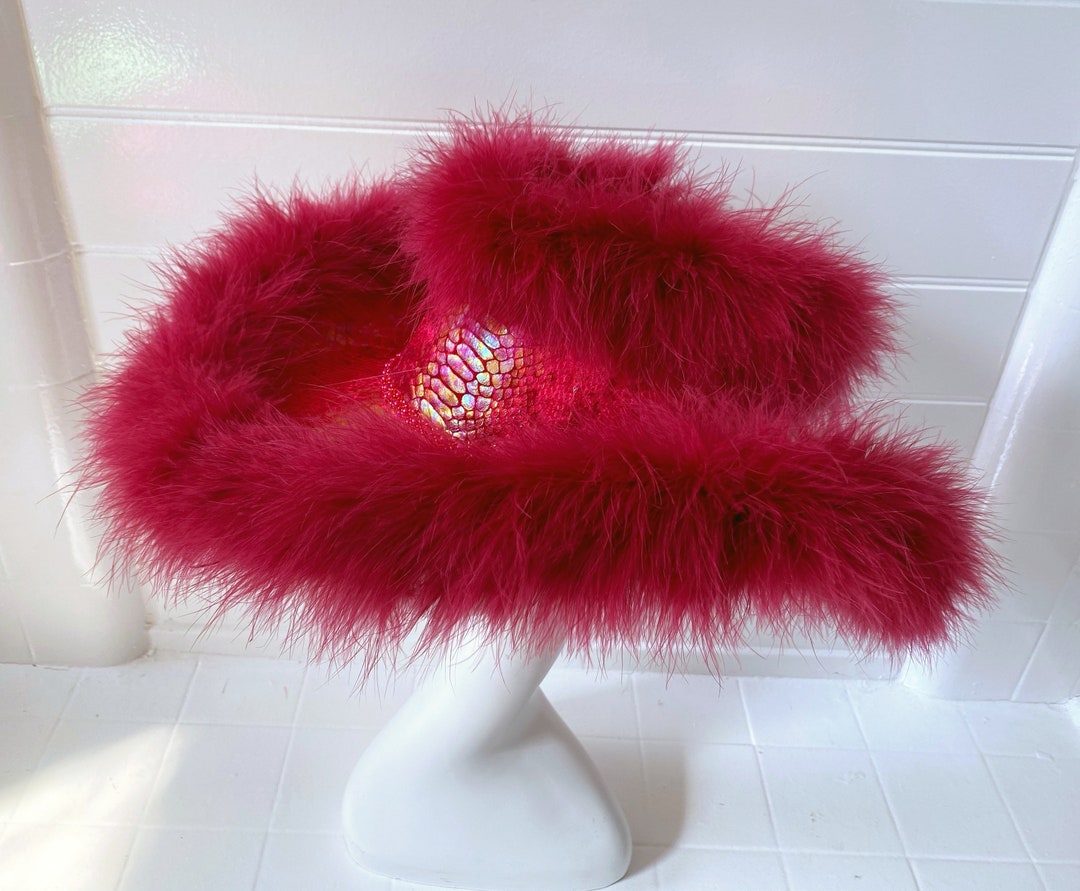 Red Faux Snakeskin + Maroon Fluffy Marabou Trim Cowboy Hat. Cowgirl Hat ...