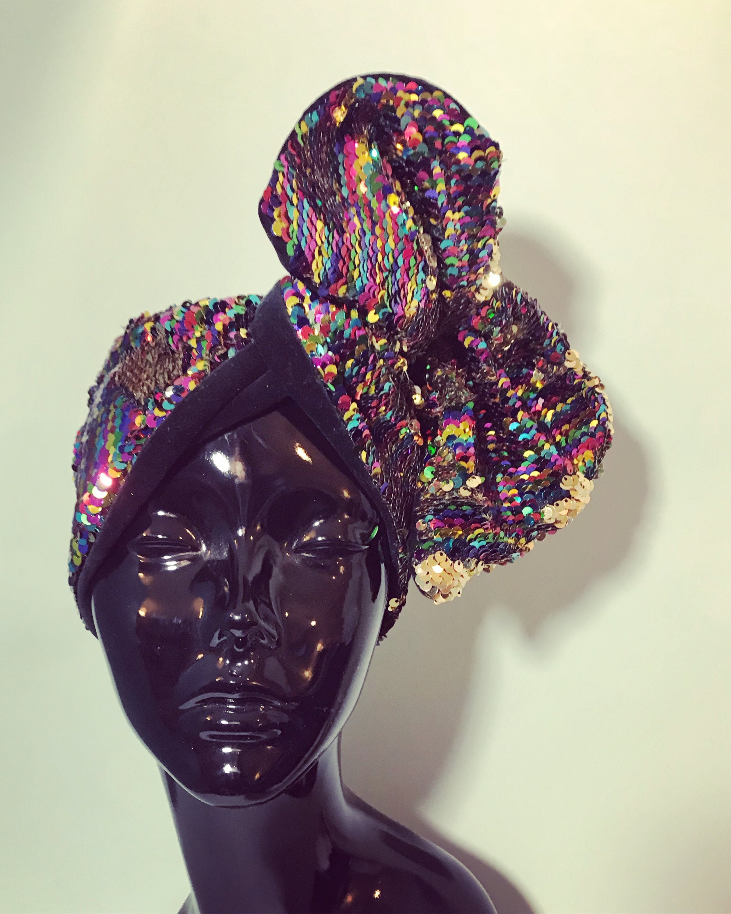 Multi Coloured Rainbow & Gold Sequin Turban/ Head Band/ Hairband/ Hair ...