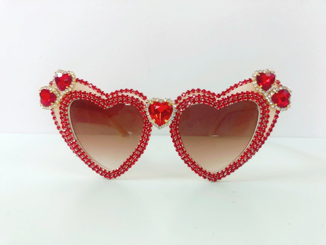 Festival Party Red Love Heart Shaped Embellished Bling Sunglasses ...