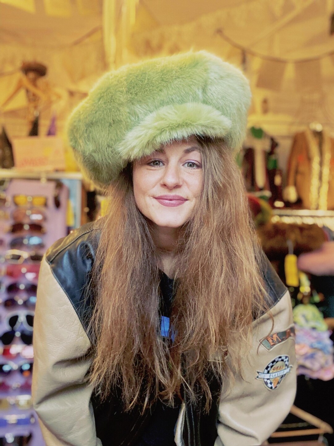 Willow Green EXTRA Fluffy Baker Boy Cap. Oversized Peak Hat Luxury Faux ...