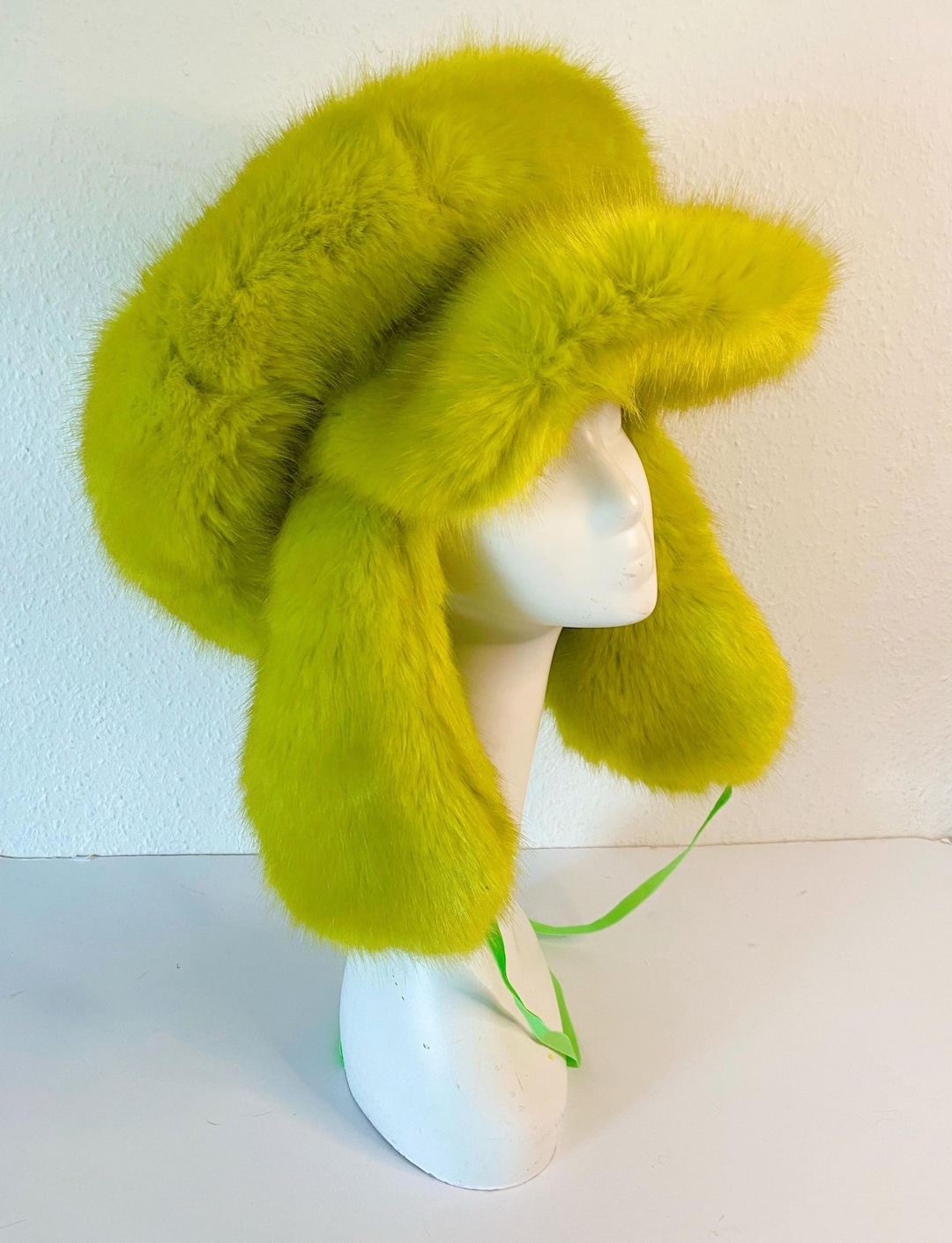 Acid Pistachio Fluffy Trapper Hat Cap. Oversized Peak Hat Luxury Faux ...