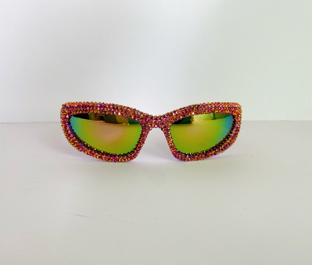 Sunset Pink Y2K Rhinestone Cyber Wrap Around Sunglasses Diamanté Space ...