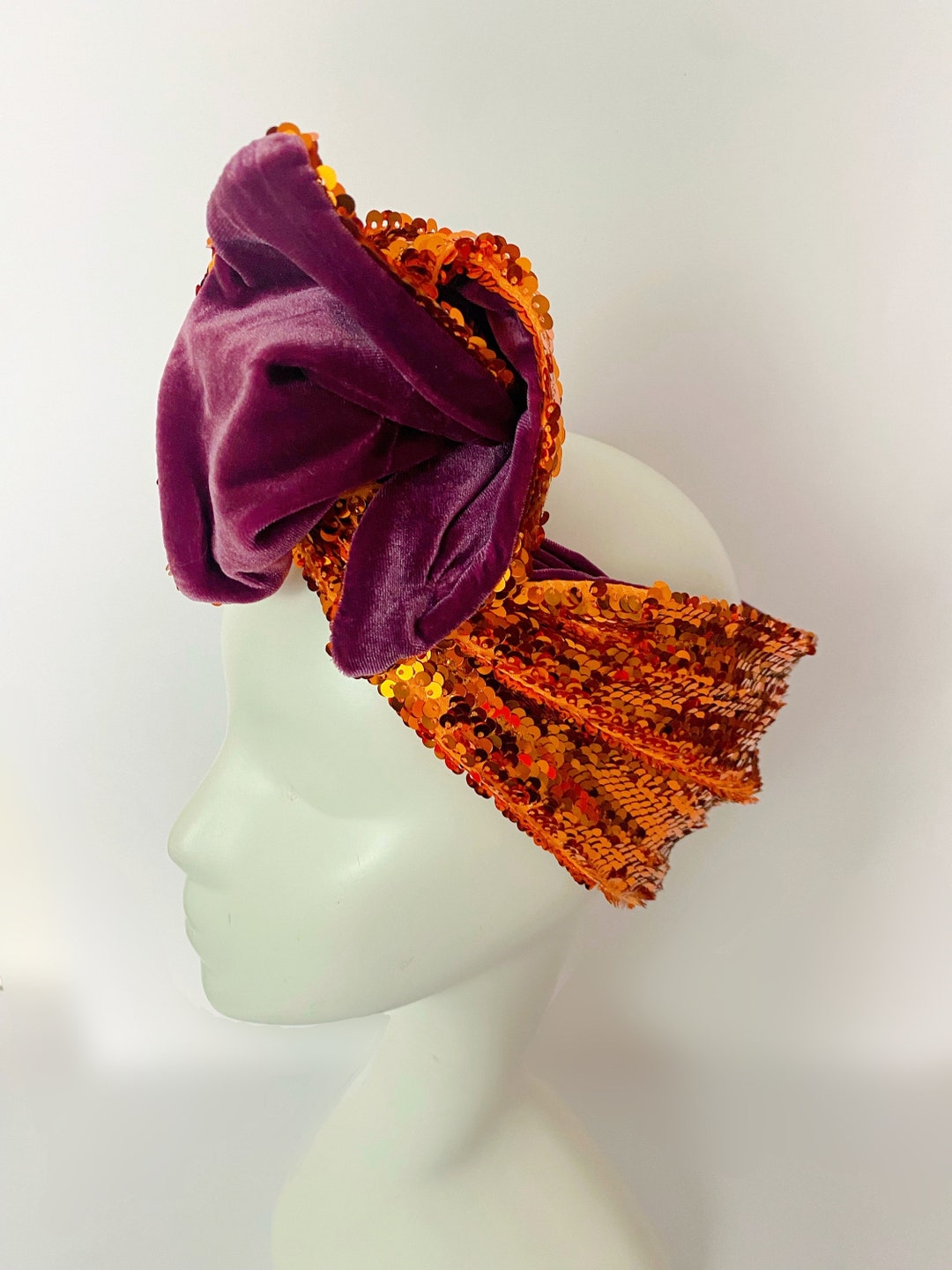 NEW* Burnt Orange Sequin Headwrap Reversible Turban Headband + Plum ...