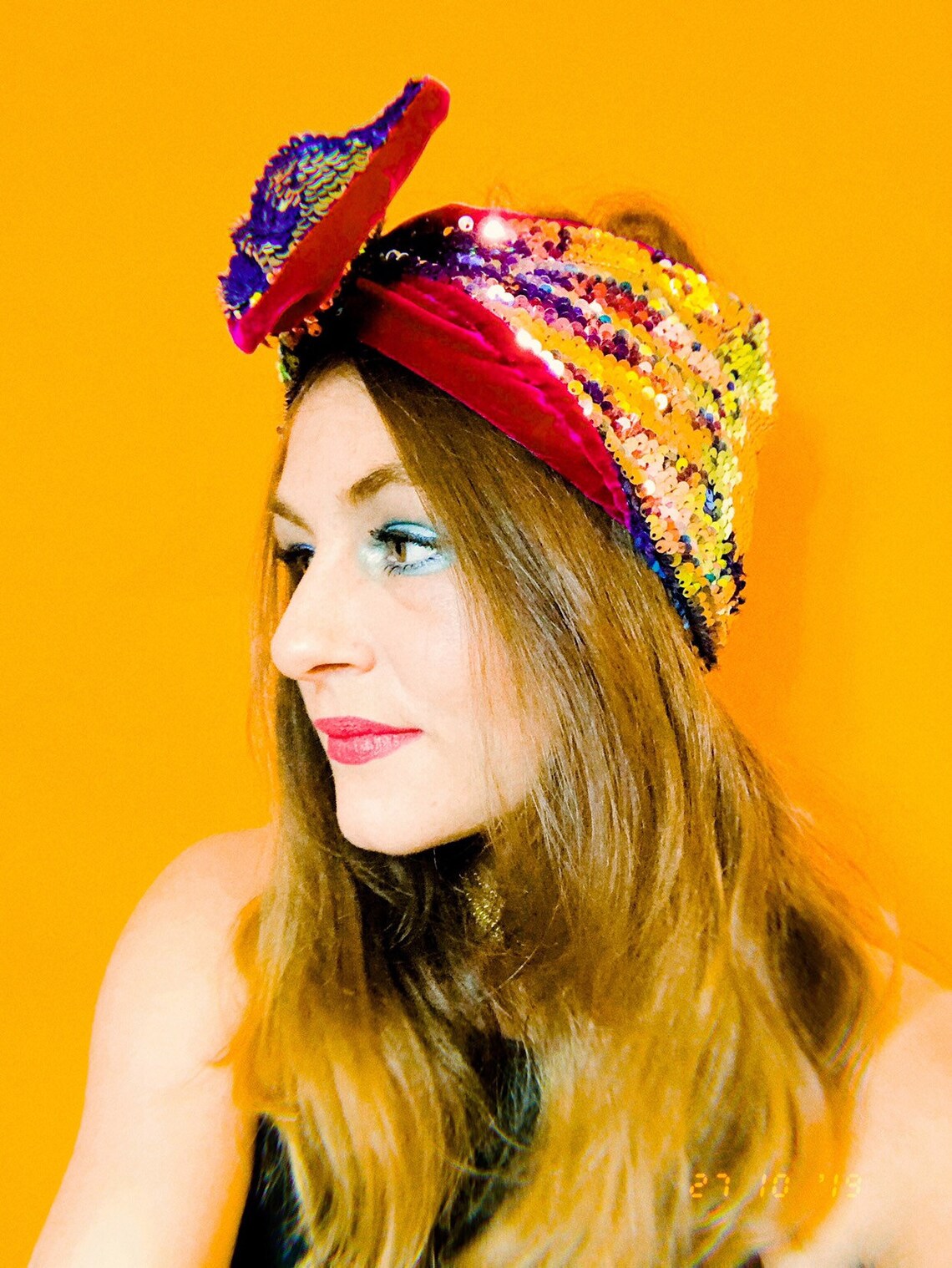 SUNSET Sequin Headwrap. Reversible Iridescent Blue Gold Turban Headband ...