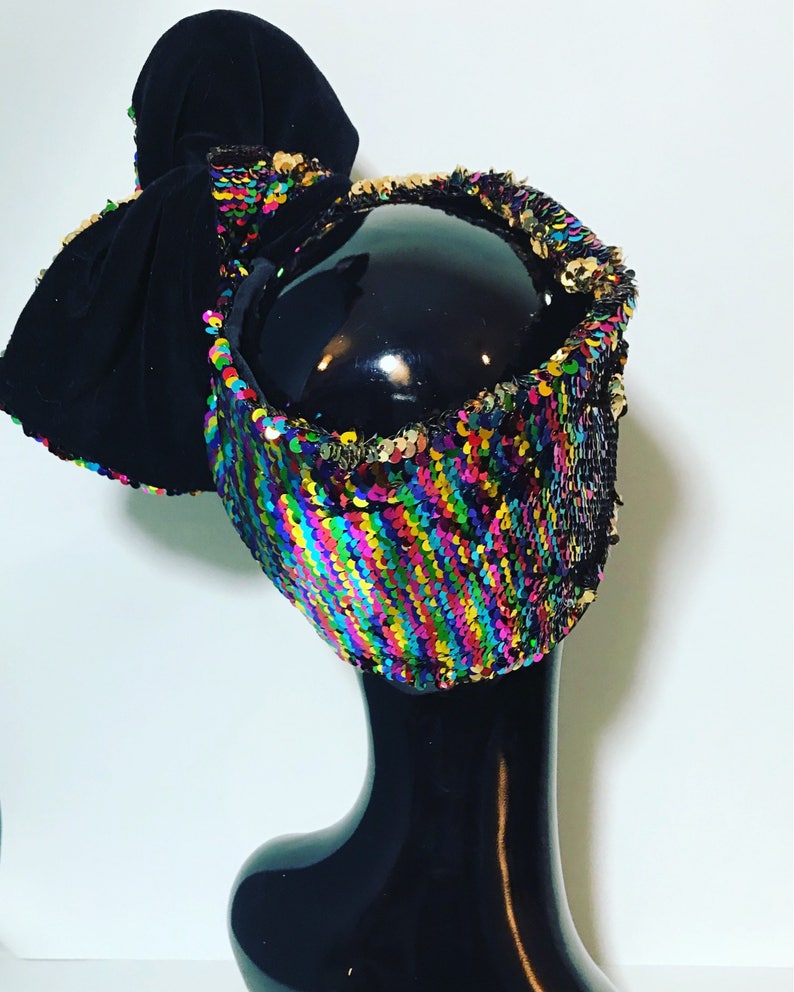 Multi Coloured Rainbow & Gold Sequin Turban/ Head Band/ Hairband/ Hair ...