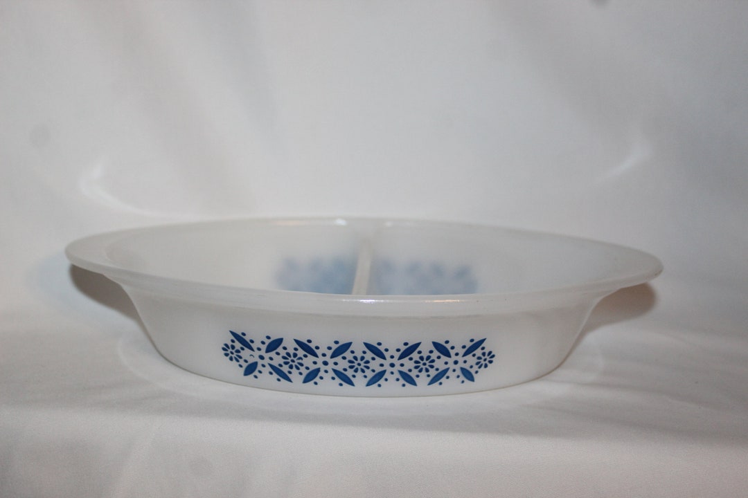 Glasbake Oval Divided Baking Dish Blue Geometric Snowflake Daisy Image ...