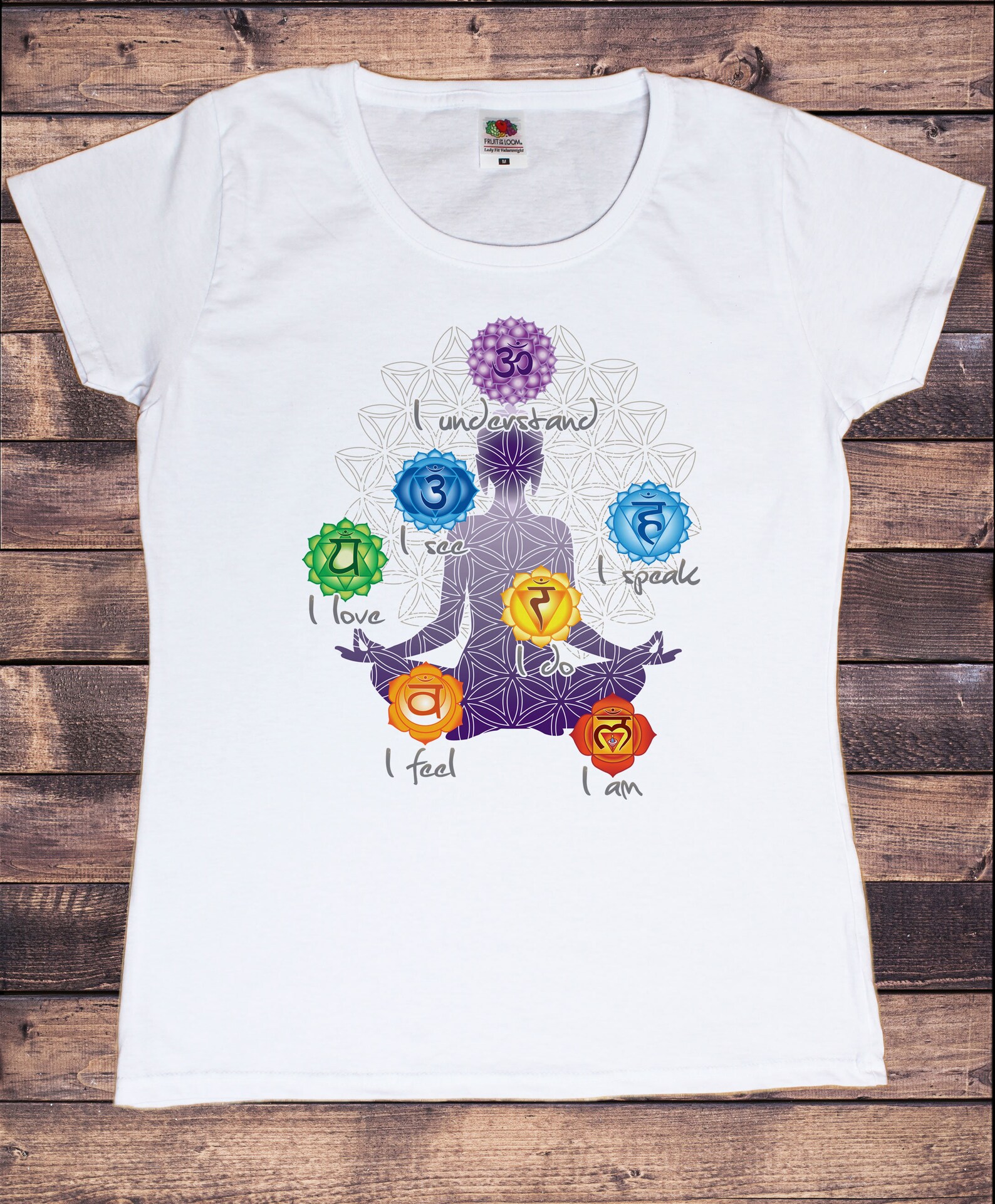 Womens T-shirt Buddha Meditation Chakra Symbols- Understand, See, Feel ...