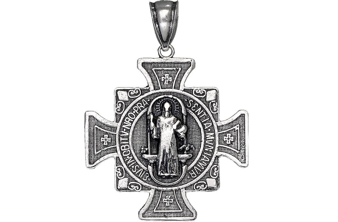 Sterling Silver Saint Benedict Key Reversible Charm Pendant Necklace 1. ...