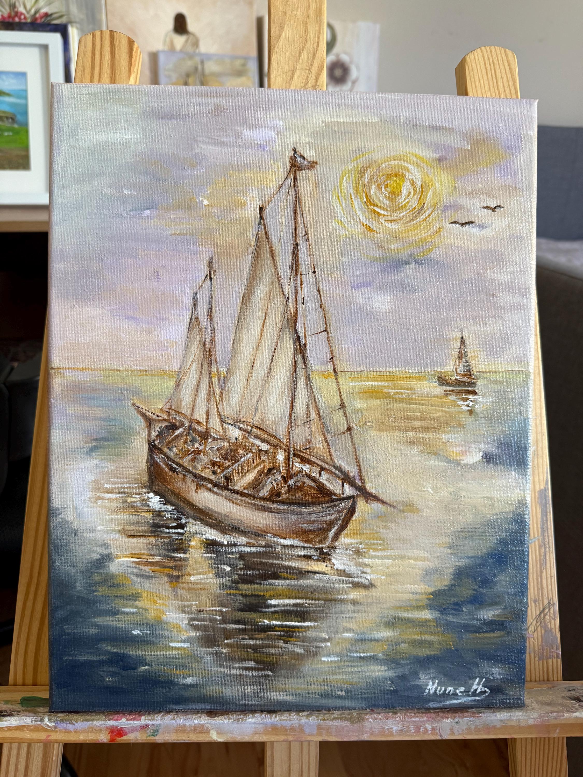 Original Handcrafted Acrylic Painting Ship in the Ocean at Sunset ...