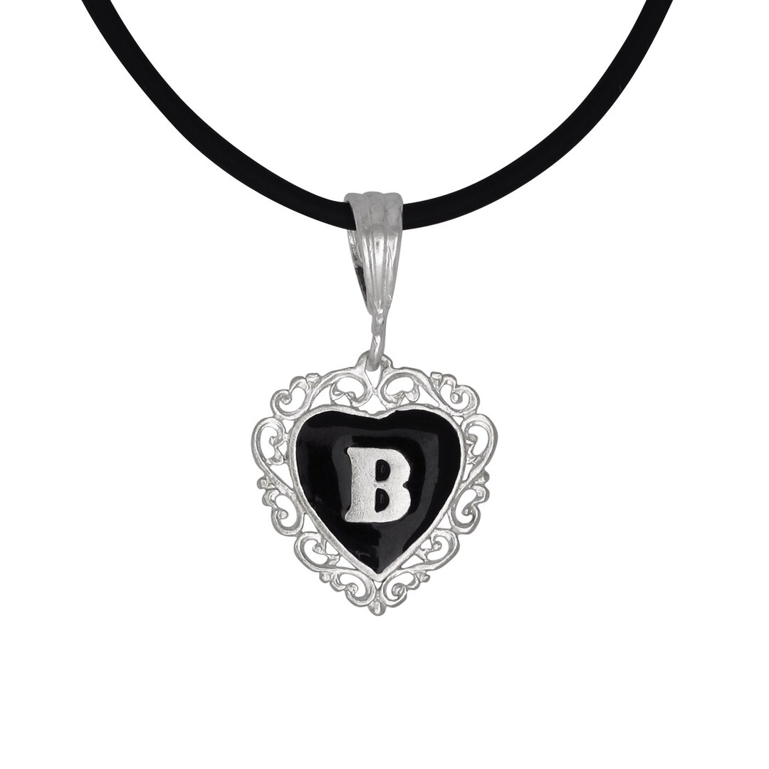Sterling Silver .925 "b" Initial Heart Shaped Pendant With Black Enamel ...