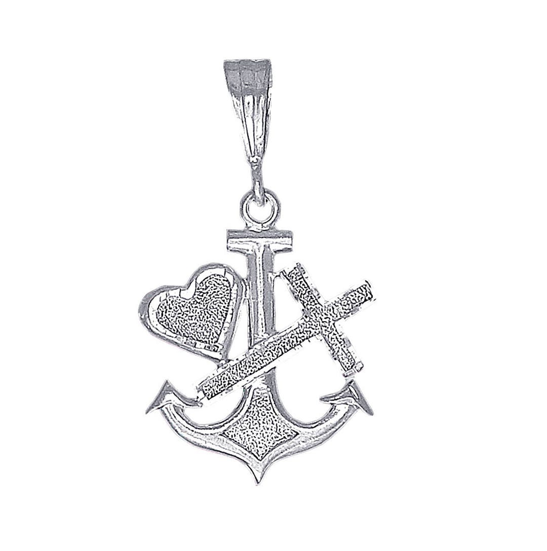 White Gold Mariners Anchor Crucifix Pendant Necklace