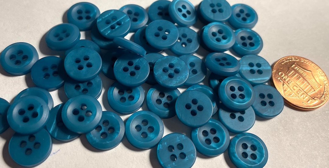 Lot of 12 Small Rimmed Matte but Pearlized Teal Blue Plastic 4-hole Sew ...