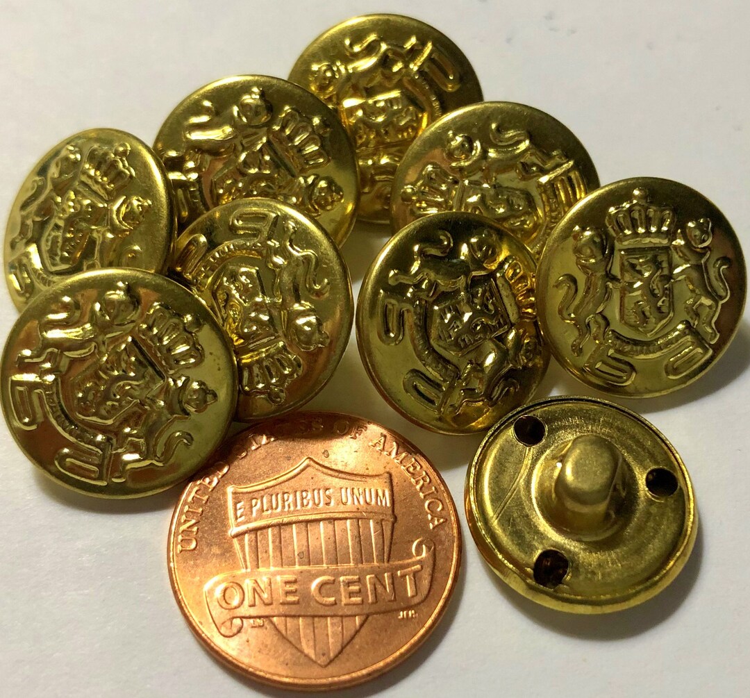 9 Shiny Polished Brass Tone Shank Metal Buttons Puffed Hollow Griffin ...