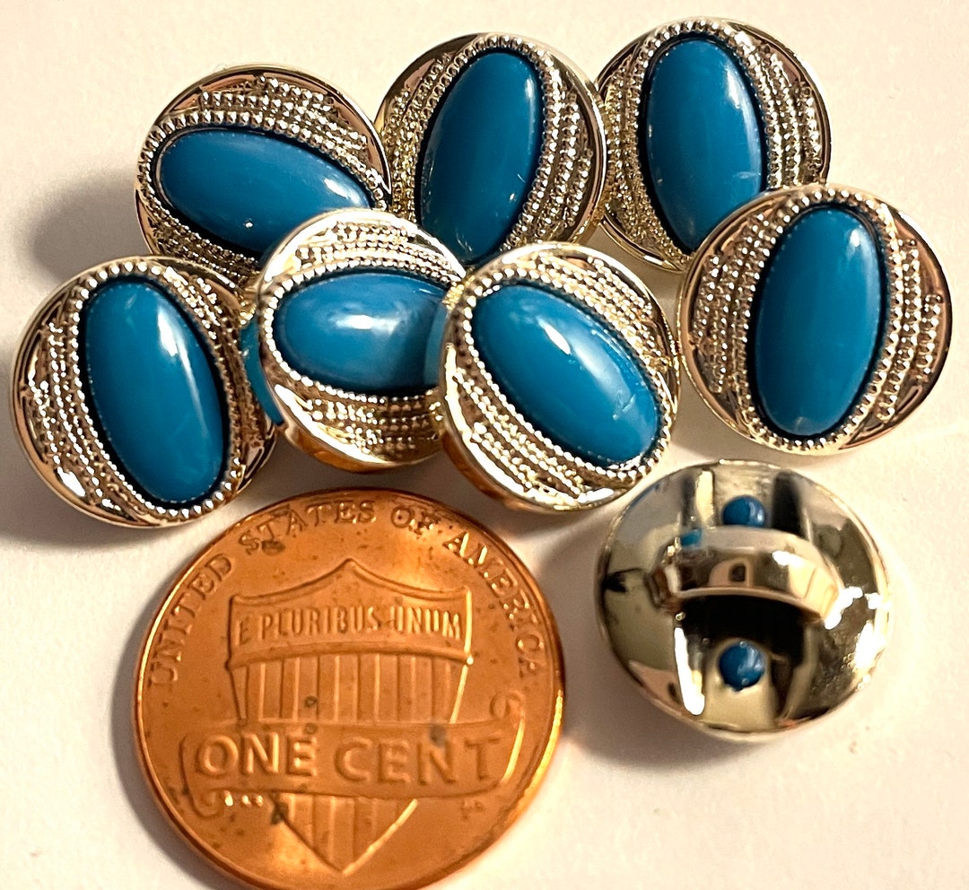 Set of 8 Small Silver Tone & Oval Teal Blue Center Plastic Shank ...