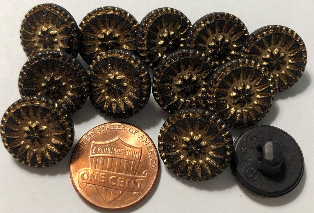 12 Flat Top Dull Matte Black & Gold Accent Plastic Shank Buttons 15.4mm ...