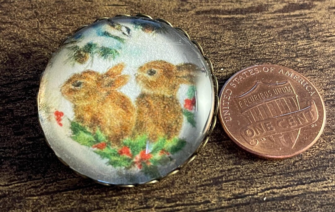 ONE Large Domed Shank Button Bunny Rabbits Under Glass Dome Set in ...