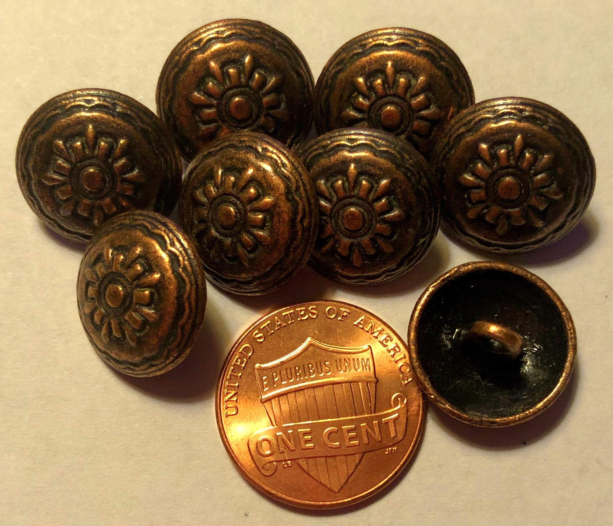 Lot of 8 Domed Antiqued Copper Tone Metal Shank Buttons Almost 5/8 ...