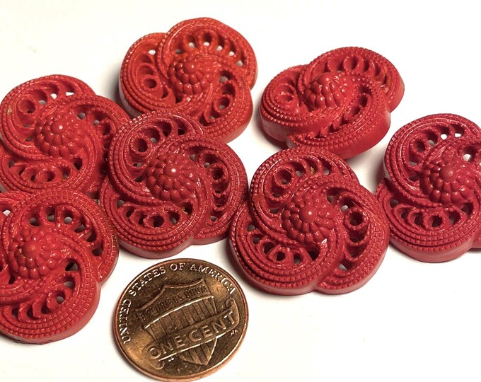 Set of 7 Vintage Early Plastic Pierced Lacy Red Shank Buttons 23mm 7/8 ...