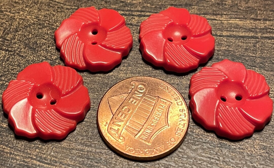 Set of 4 Vintage Glossy Red Plastic 2-hole Sew-through Flower Buttons ...