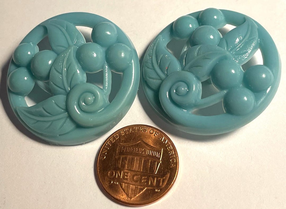 Set of 2 Large Vintage Slightly Domed Pierced Plastic Light Teal Blue ...