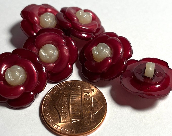 Set of 6 Pearl Finish Burgundy Red Plastic Shank Flower Floral Buttons ...