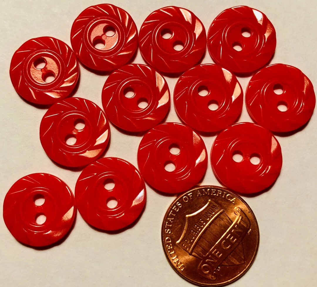 12 Carved Look Glossy Bright Red Plastic Sew-through 2-hole Buttons ...