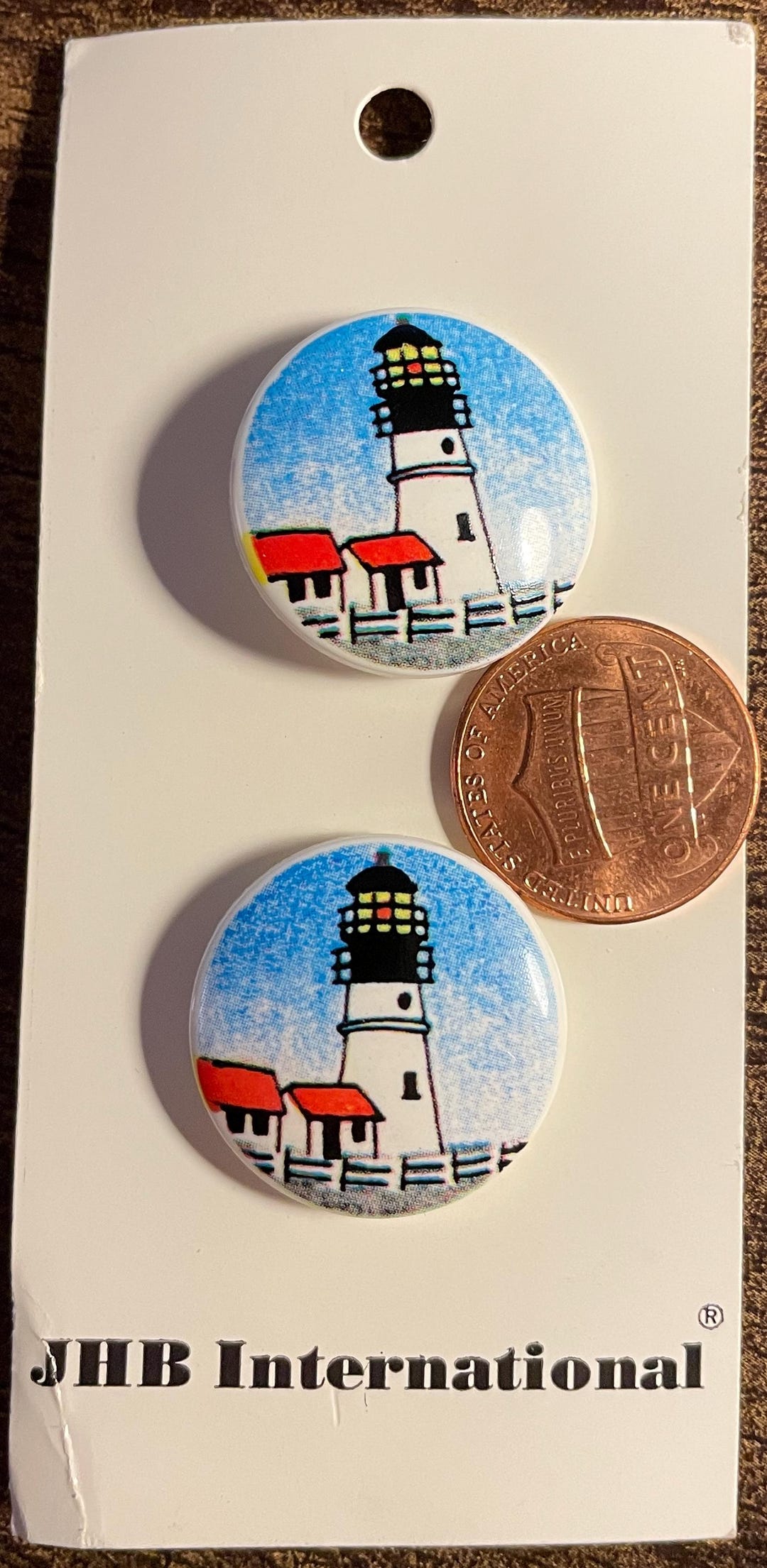 Set of 2 on Card JHB Novelty Domed Glossy Blue Red White Lighthouse ...