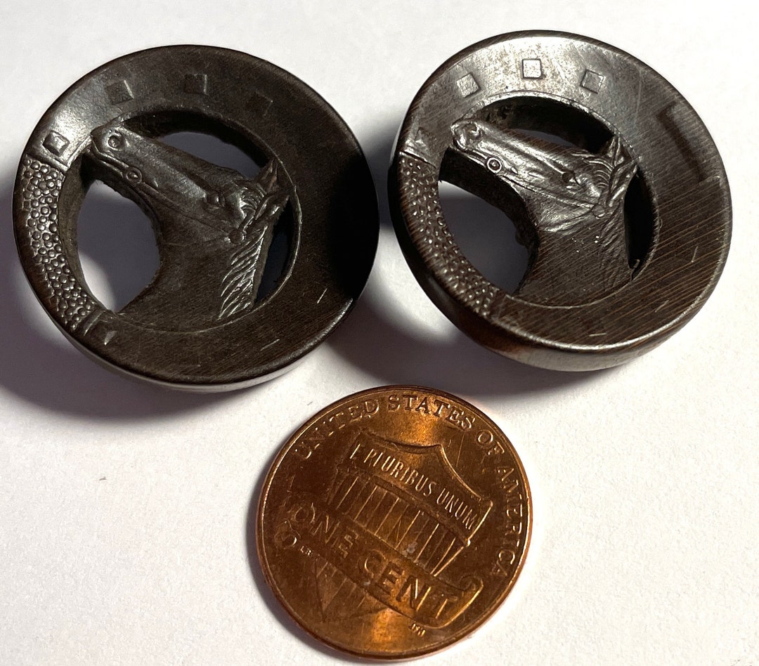TWO Vintage NOS Pierced Openwork Dark Brown Plastic Shank Buttons Horse ...