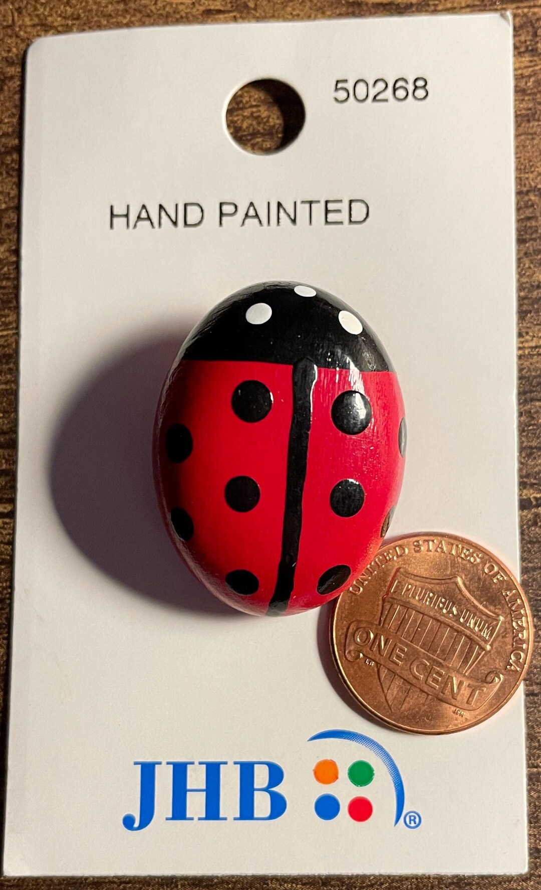 ONE Large JHB Hand Painted Red Black Domed Possibly Wood? Shank Ladybug ...