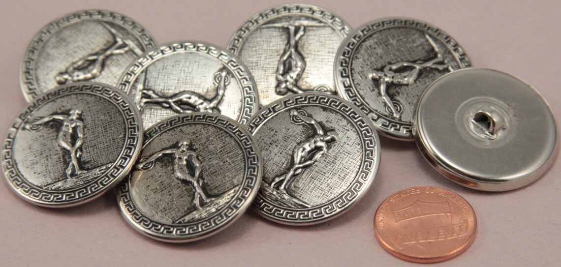 Lot of 8 Large Silver Tone Shank Metal Buttons Black Accent Hollow Disc ...