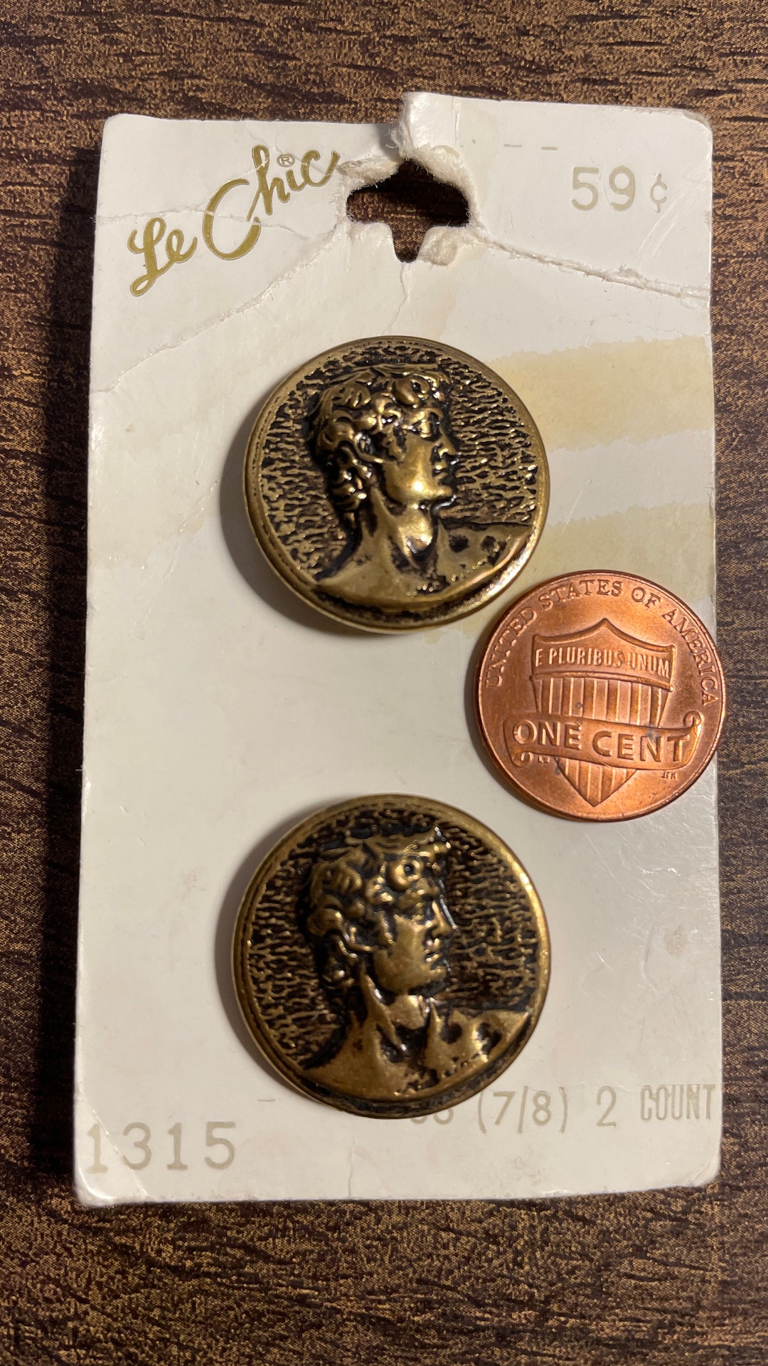 2 Vintage on Card NOS Hollow Puffed 2-piece Construction Antique Brass ...