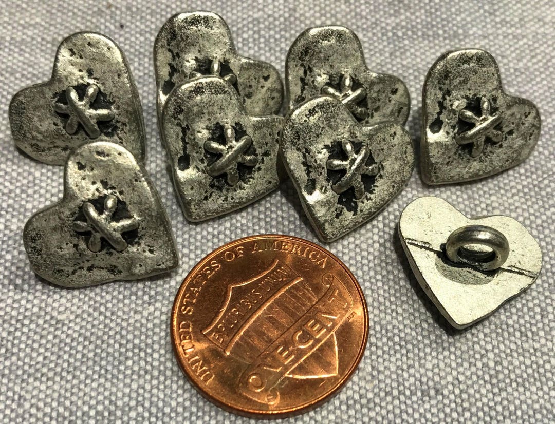 Lot of 8 Matte Silver Tone Shank Metal Heart Buttons Almost 5/8" 15mm ...