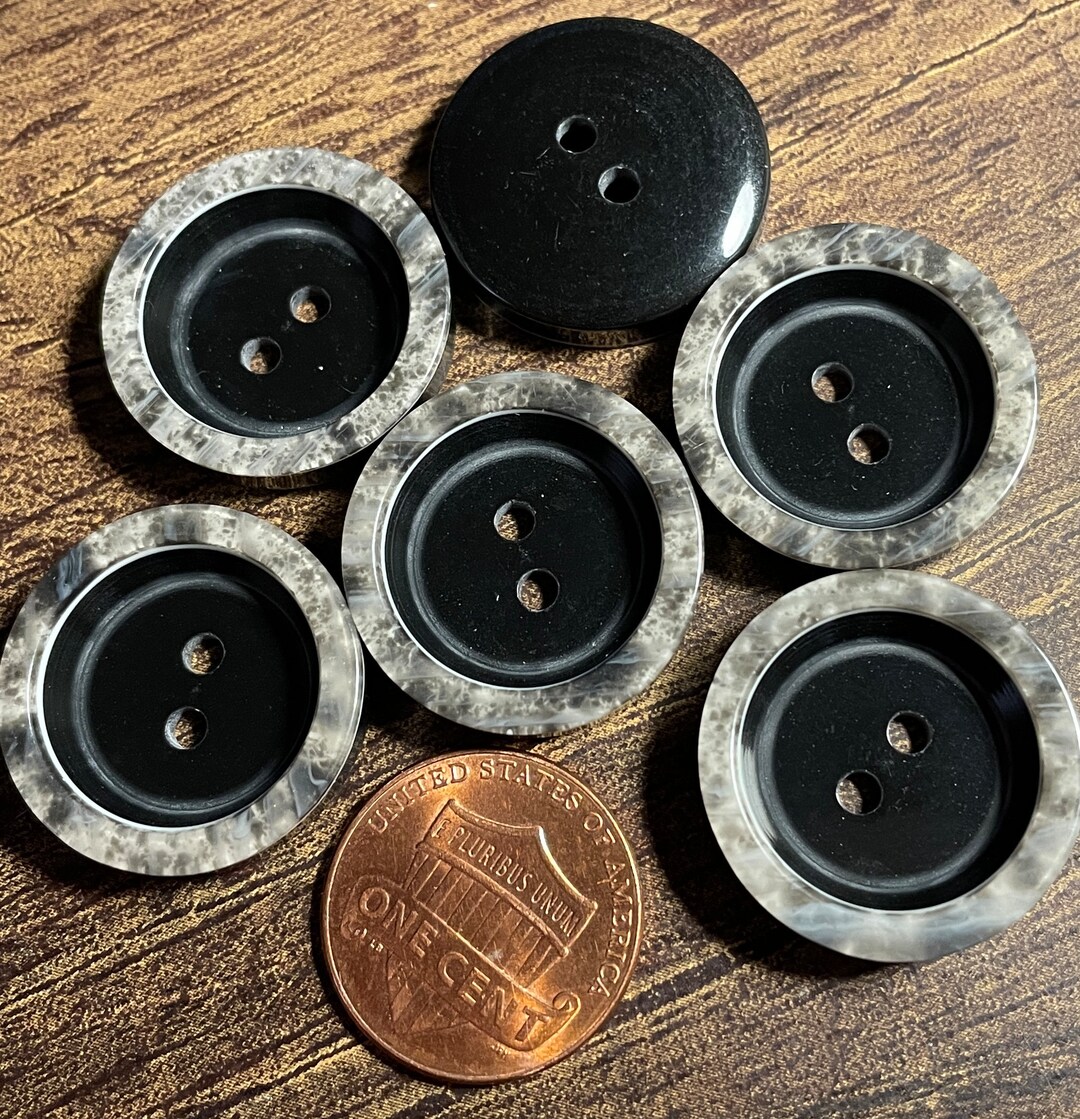 Set of 6 Rimmed Recessed Center Glossy Black & Gray 2-hole Sew-through ...