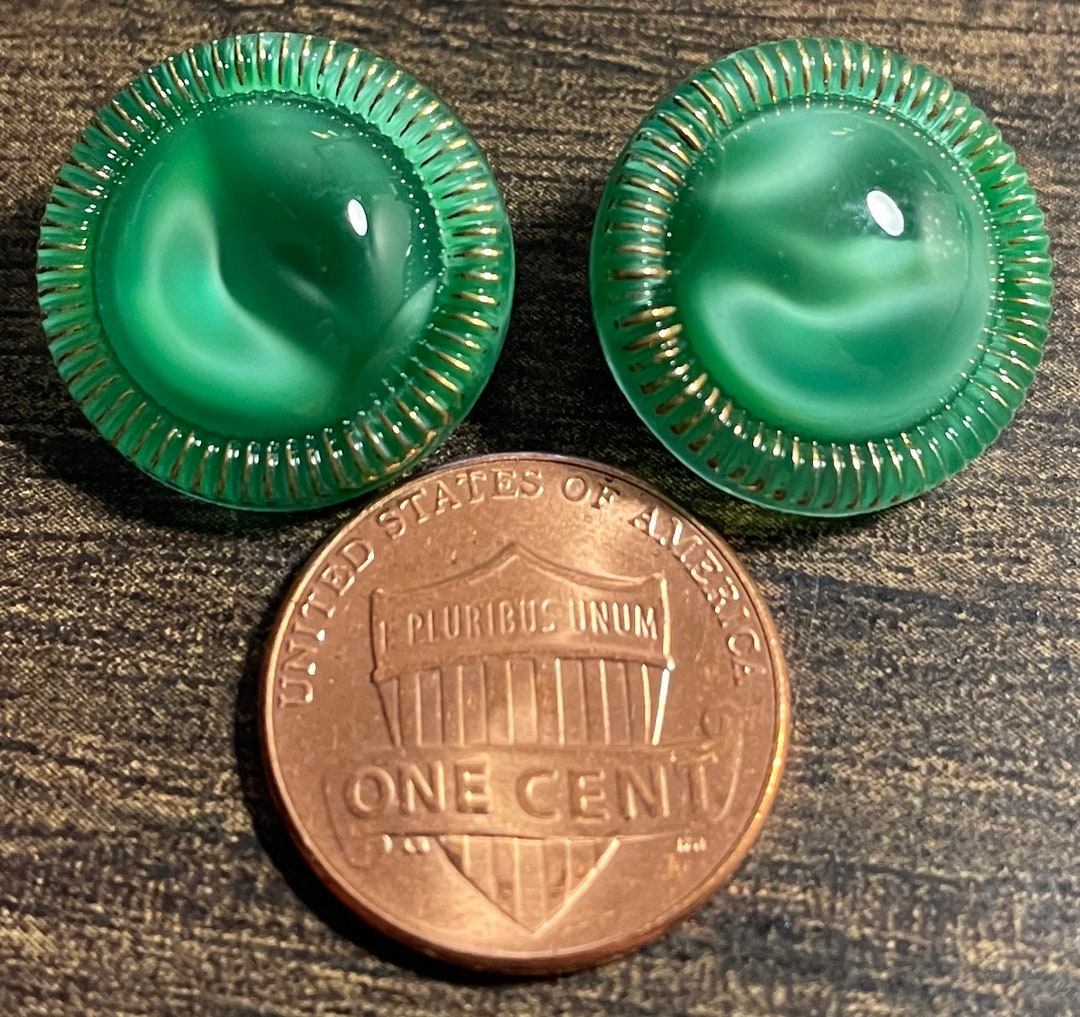 Set of TWO Vintage Domed Green Glass Gold Paint Shank Buttons 18mm Just ...