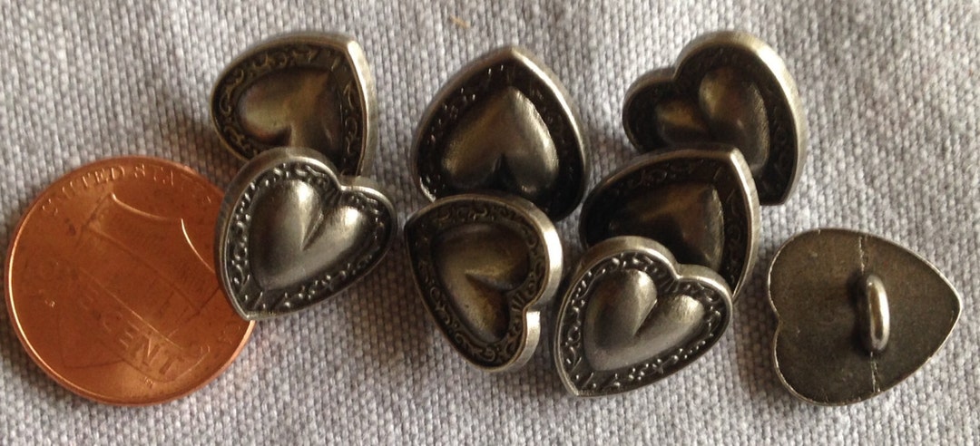 Lot of 8 Dark Silver Tone Slightly Domed Metal Shank Heart Buttons ...