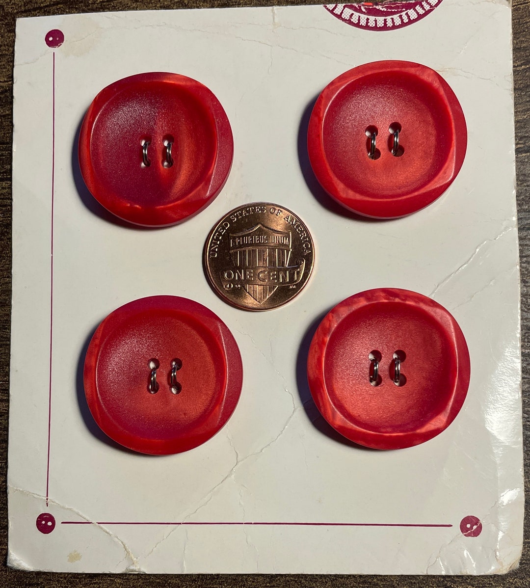 ONE Card With 4 Vintage Large Concave Red 4-hole Sew-through Plastic ...