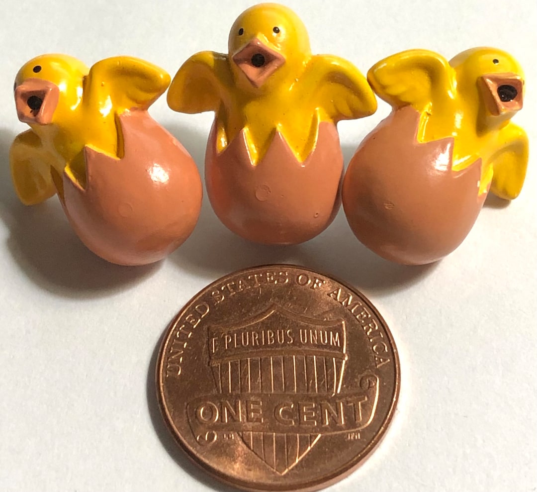 THREE JHB Hand-painted Resin Yellow & Muted Salmon Baby Chick Chicken ...