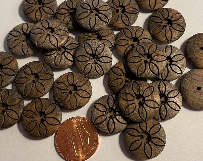 6 Carved Wood Wooden 2-hole Sew-through Buttons Flower Floral 18mm 11/ ...