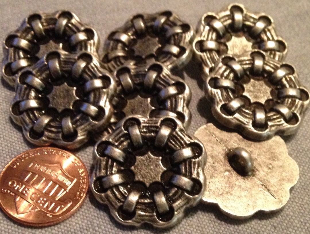 8 Large Antiqued Silver Tone Metal Shank Buttons Black Accent 1" 25.5mm ...
