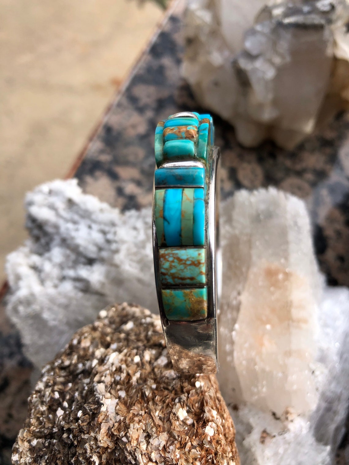 Native American Turquoise Inlay Stacked Corn Row Cuff Signed - Etsy