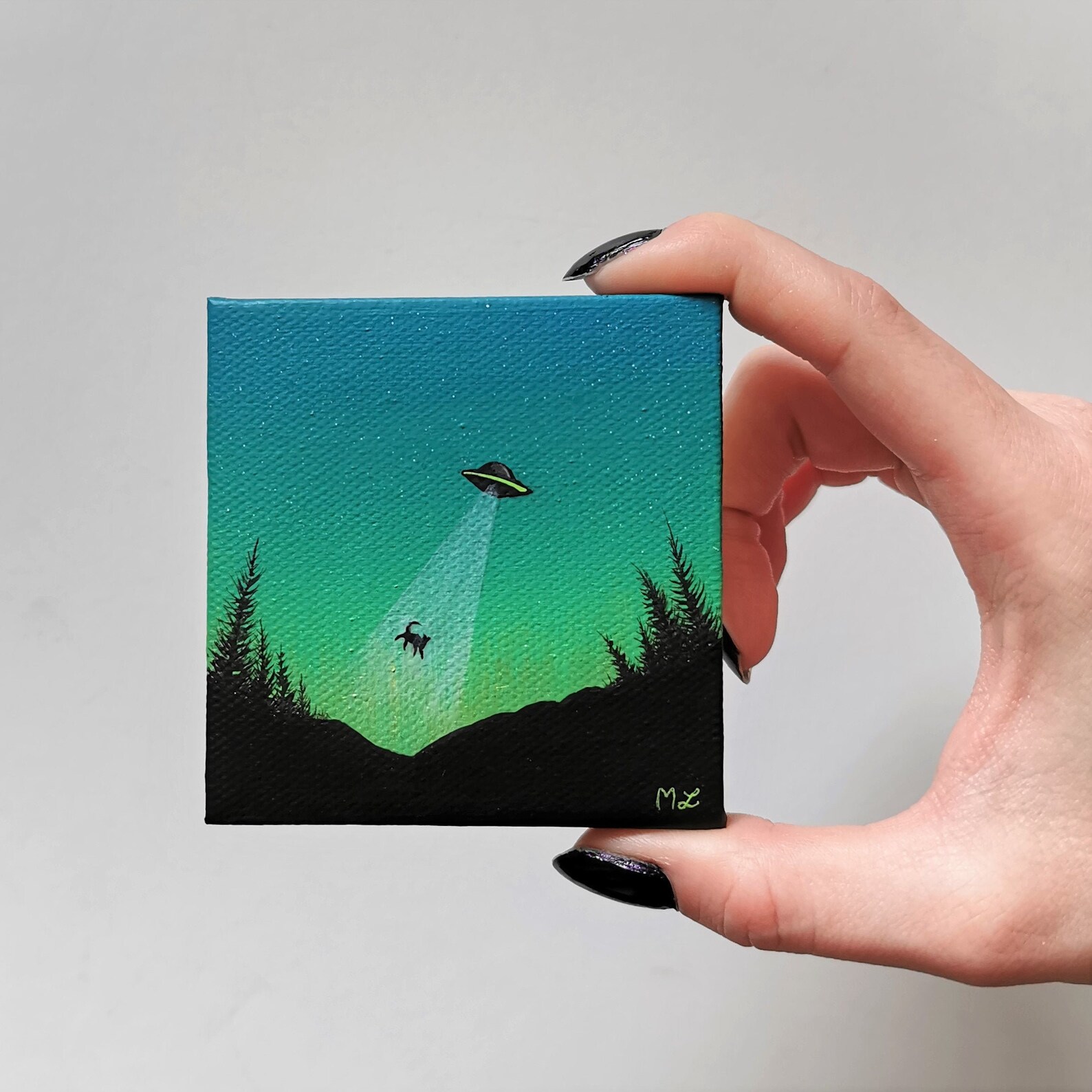 Tiny UFO Painting, Spaceship, Cat Art, Desk Decor, Alien Art, Space ...