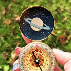 Hand Painted Saturn Pocket Compass, Gold Compass, Space Art, Artwork on ...