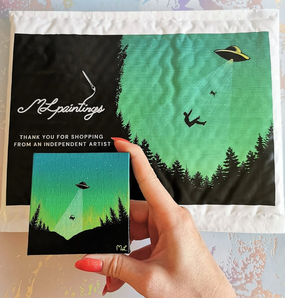 Tiny UFO Painting, Spaceship, Cat Art, Desk Decor, Alien Art, Space ...