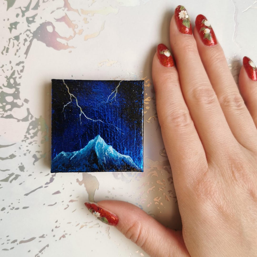 Miniature Lightning Strike Painting: Acrylic Mountain Art on Foil - Etsy