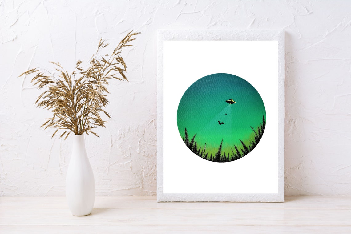 Alien Art UFO With Cat Art Print Space Ship Artwork Round | Etsy