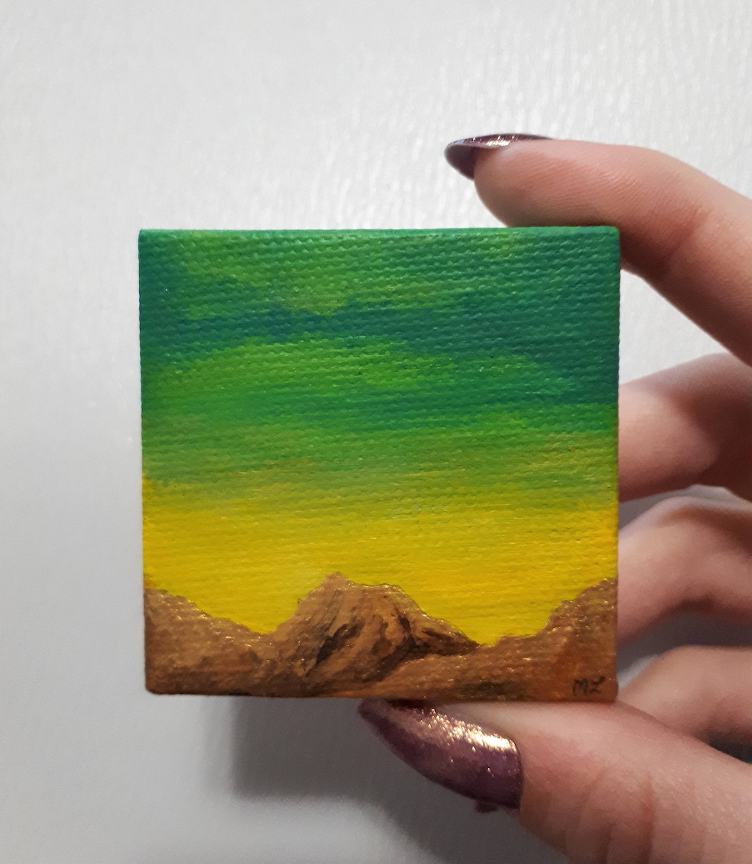 Green & Chartreuse Sky, Gold Mountains, Tiny Art, Miniature Painting ...